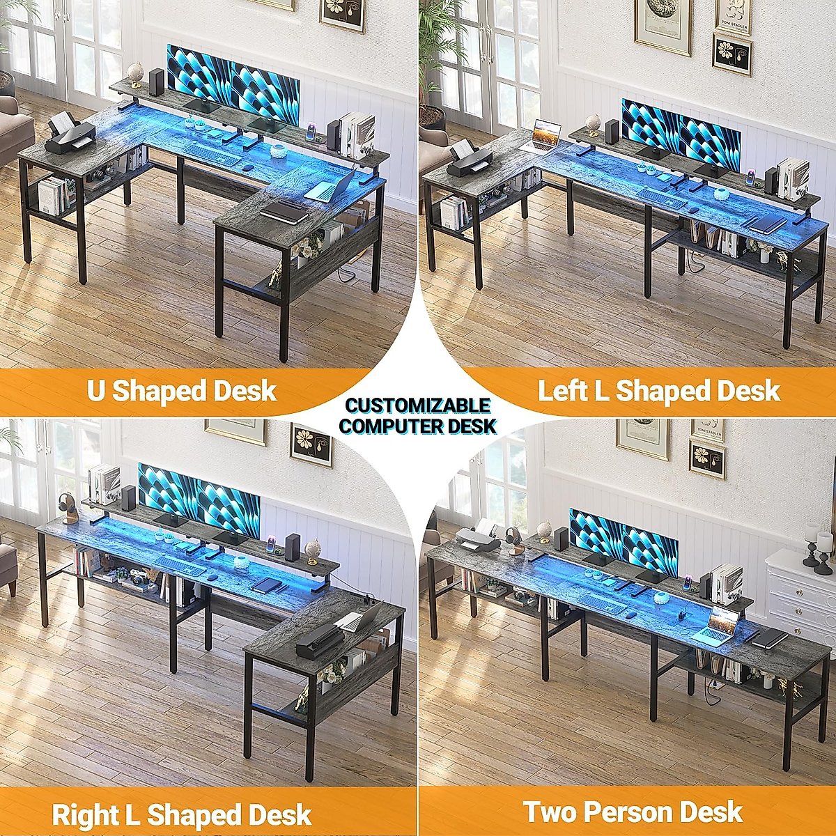 Hyomdeck Customizable U Shaped Desk & L Shaped Office Desks with RGB LED Light, Adjustable Monitor Stand and Power Outlets, Reversible Computer Desk with Storage, Large L Shape Gaming Table, Black Oak