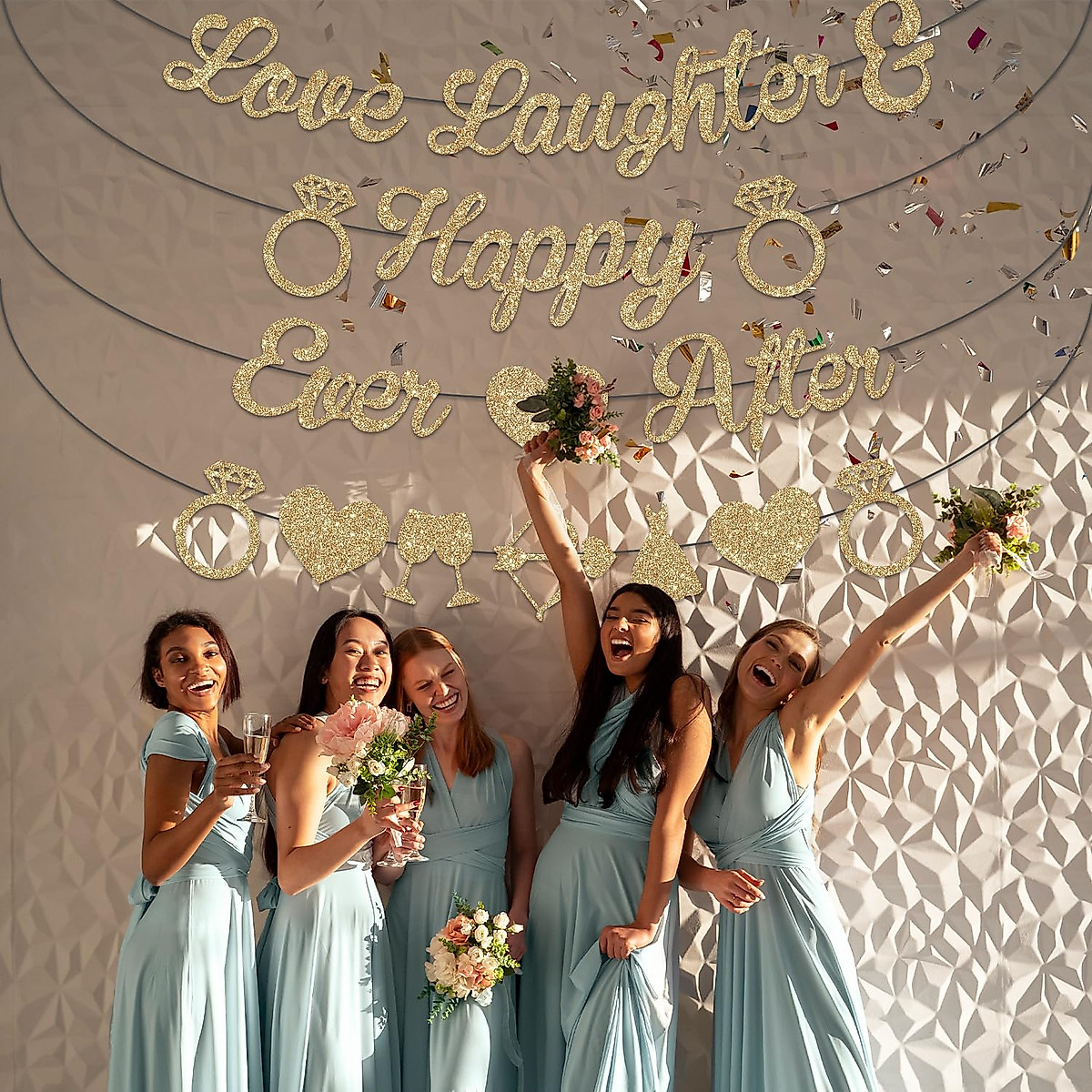 NO-DIY Love Laughter & Happily Ever After Banner, Gold Glitter Wedding Shower Decorations includes Bridal Shower Banner and Bridal Shower Decorations Garland for Bridal Wedding Decorations
