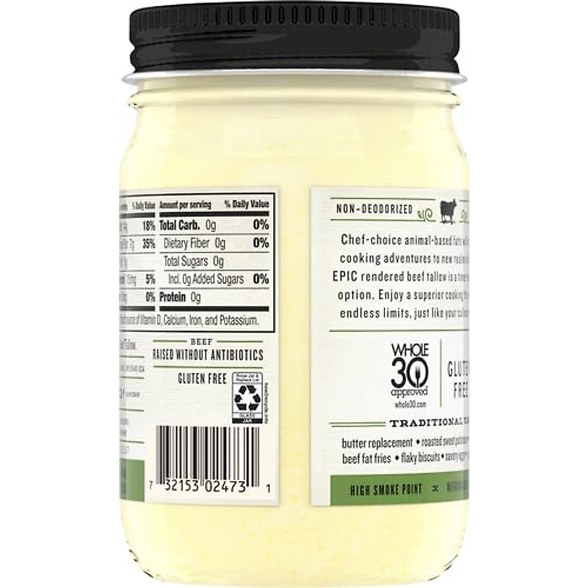 EPIC Beef Tallow, Grass-Fed, Keto Friendly, Whole30, 11oz Jar