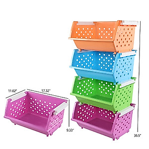 Rosebloom Plastic Stacking Baskets, Colorful Plastic Stackable Storage Basket, 4 Packs