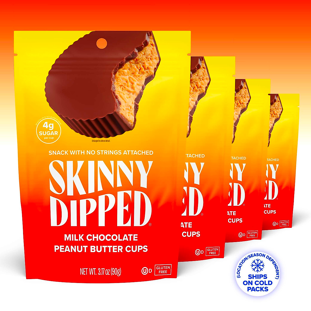SkinnyDipped Milk Chocolate Peanut Butter Cups, 4g Sugar, Low Sugar, No Palm Oil, Gluten Free, 3.2oz Bag, 4 Pack (24 Cups Total)