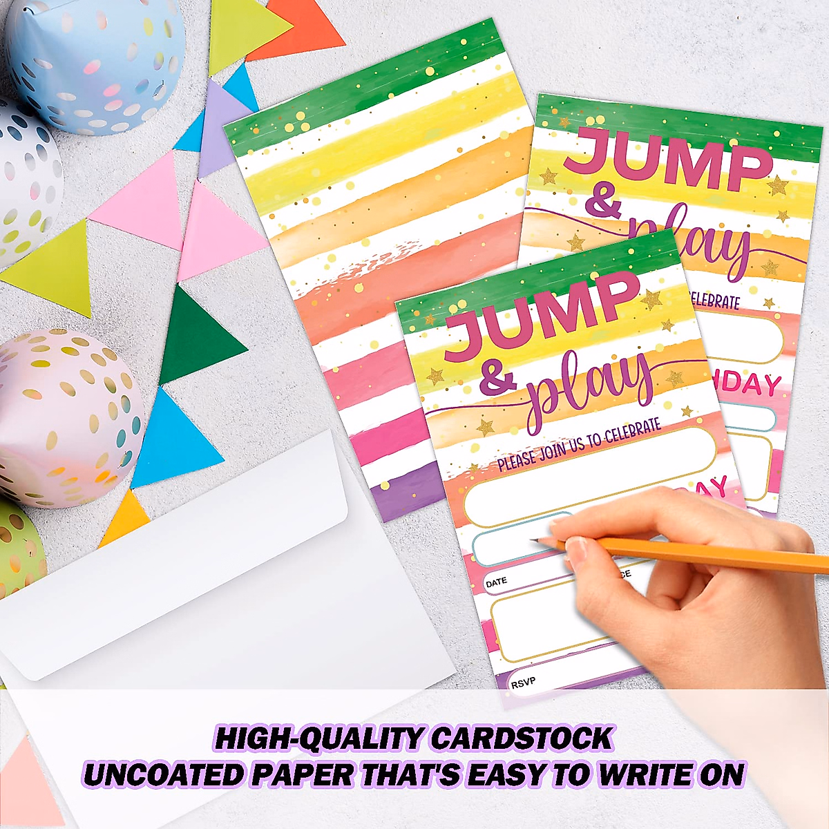 Jump Trampoline Party Birthday Invitations, Bounce House Party Invitations for Boys Girls Kids, Jumping Party Invitations, Jump Party Invites (20 Sets 4" x 6" Cards with Envelopes) - JY564