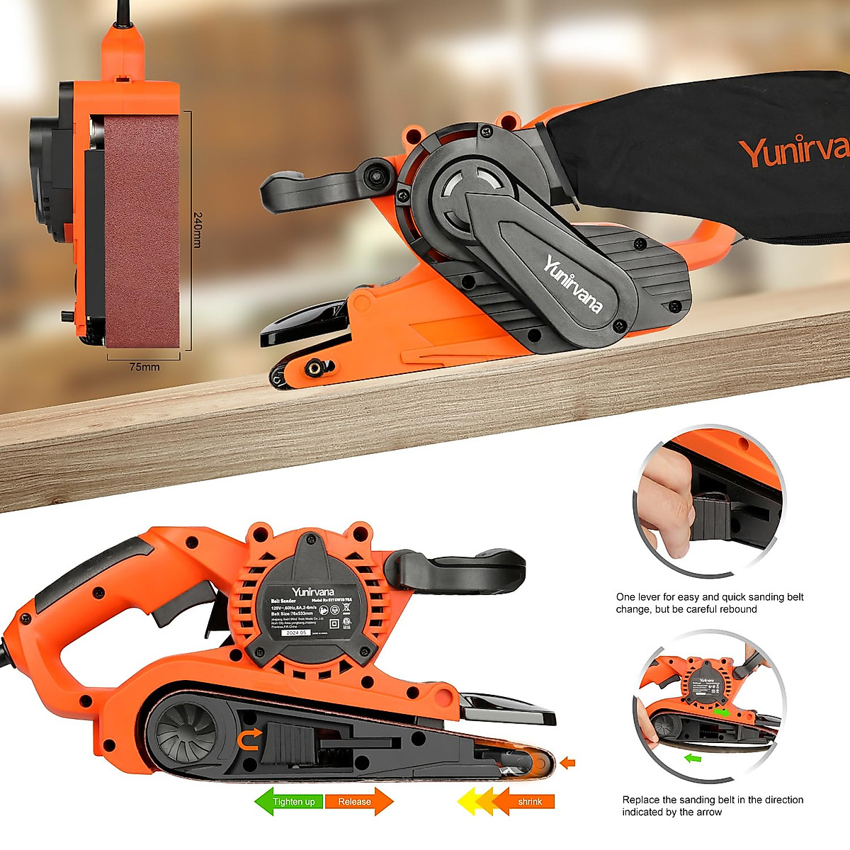 Yunirvana 8 Amp Belt Sander Variable Speed 120-380RPM Includes 5 Sanding Belts (3x21 Inch) and Dust Bag Ideal for Stock Removal