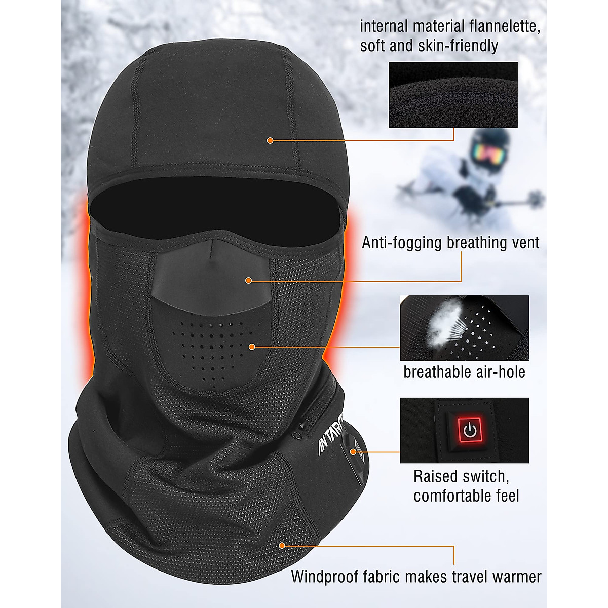 ANTARCTICA GEAR Heated Balaclava Face Ski Mask Windproof Warm Heating Hat for Motorcycle Riding Women Men Black