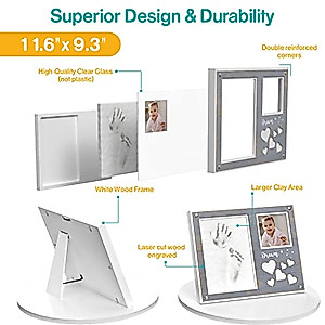 1Dino Premium Baby Handprint and Footprint Kit - 11.6” x 9.3" White/Grey Wood Baby Picture Frame - Includes 2X Air-dry Clay Pack for Baby Hand and Footprints - Baby Registry, Baby Shower Gifts