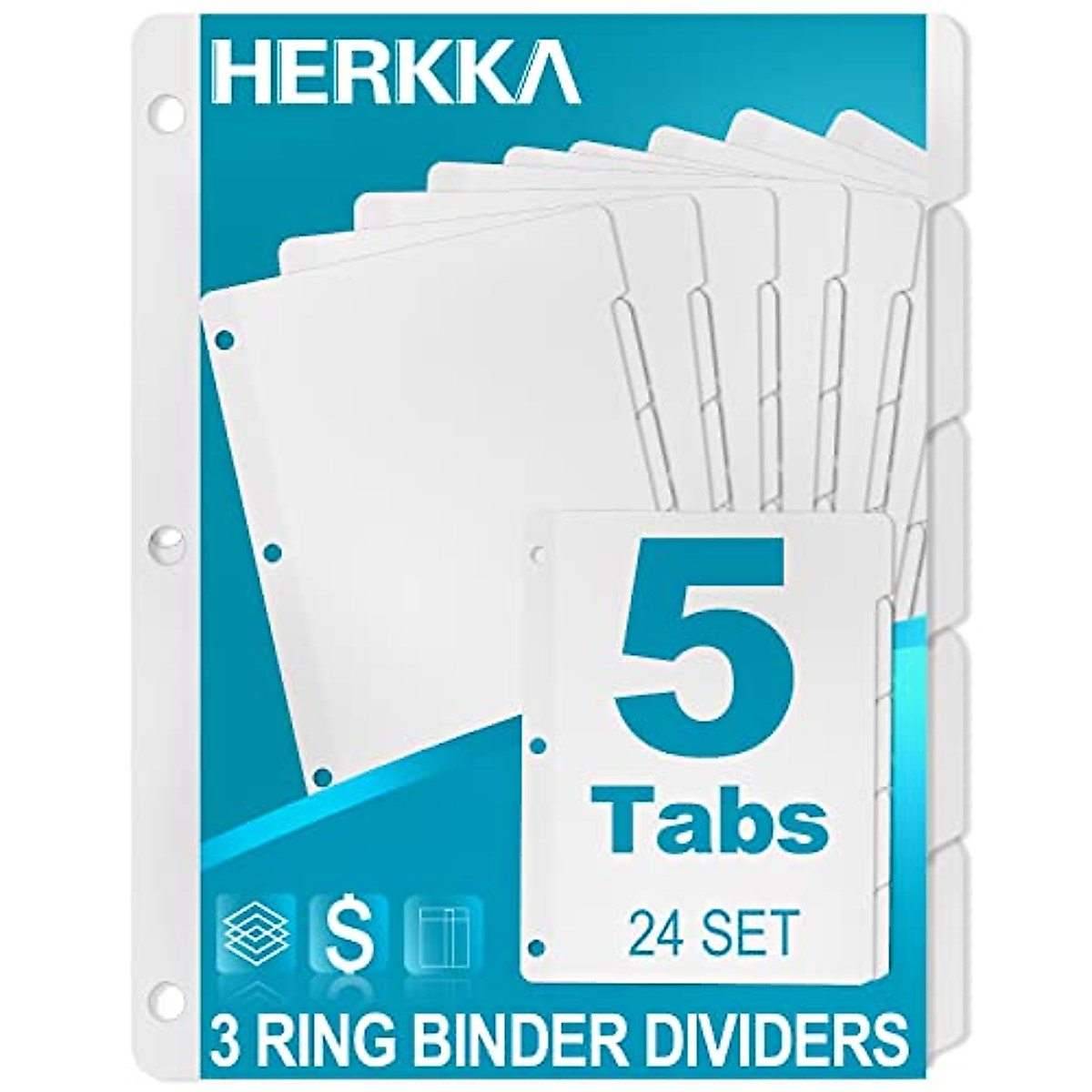 5-Tab Binder Dividers, HERKKA 3 Ring Binder Dividers with Reinforced Edge, 3 Hole Punch Section Index Dividers for Binders, 1/5-Cut Tabs, Letter Size, White, 120 Dividers