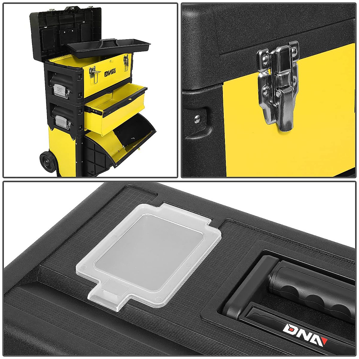 ‎DNA MOTORING TOOLS-00223 ‎19.5" x 28.5" x 12" 3-Tier Stackable Separate Hand Case Tool Boxes Trolley, 3-in-1 Storage Compartments,Yellow