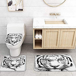 Big buy store 4 Pcs Shower Curtain Sets White Tiger Waterproof Fabic Bathroom Set with Non-Slip Rugs Toilet Lid Cover Bath Mat Wild Animals Shower Curtain with Hooks -72x72 inch Small