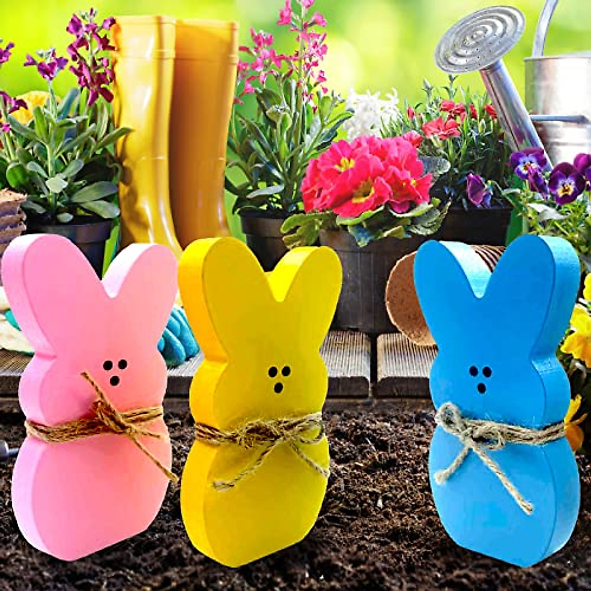 Easter Bunny Decor, 3 Pcs Easter Decorations for the Home, Decorative Wooden Easter Rabbit Peeps Wooden Signs for Tiered Tray