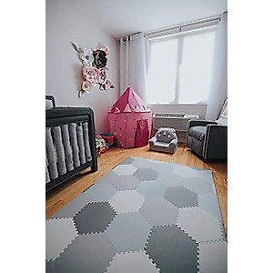 Baby Brielle Soft Non-Toxic Extra Thick Interlocking Hexagon Tile Foam for Babies and Toddlers - Exercise Mats for Crawling, Playing Grey & White Floor Mat for Nursery, Play Room - 48”x72”, 38 Pieces