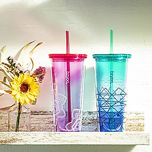 bzyoo SIP 24oz (710ml) Double Wall Plastic Tumbler with Lid and Straw Cold Drink Travel Mug Party Reusable Cup For Office Outdoor Dining Gift For Him & Her (Blue & Green)