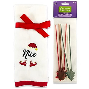 Serafina Home Holiday Christmas Fingertip Towels: White Terry Cotton Embroidered Naughty Nice Elf Hats with Red Border