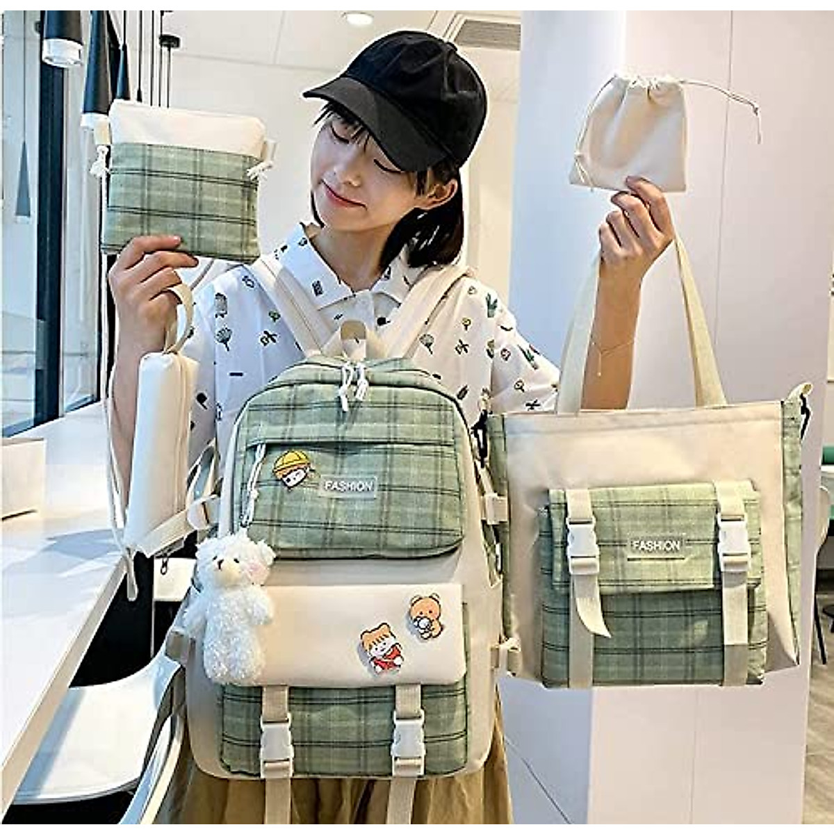 ZHHUIZ 5 Pcs Kawaii Backpack Set with Pins Plush Bear Pendant, Aesthetic Plaid Shoulder Bag School Bag Purse Back to School Supplies (Green), One Size