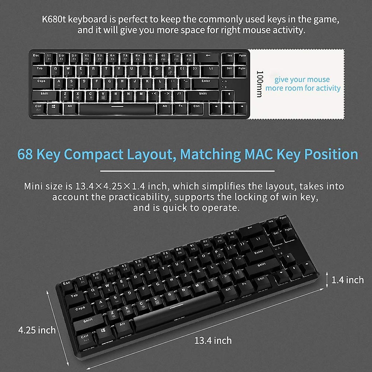 NACODEX K680T 60% Wireless/Wired Mechanical Keyboard - Compact 68 Keys 1000mAh Rechargeable Gaming/Office Keyboard Multi-Device for iOS Android Windows and Mac (Blue Switch White Backlit Black)