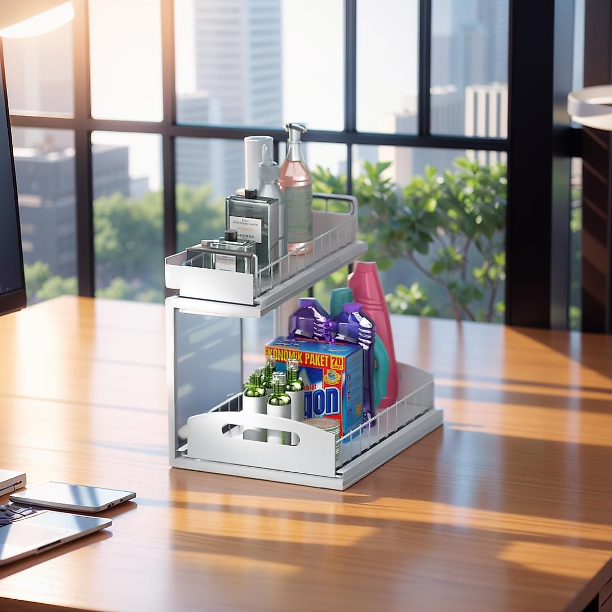 HOJAYK Under Sink Organizer, 2-Tier Metal Put Out Under Kitchen Sink Organizers and Storage, Sliding Shelf Cabinet Organizer for Kitchen, Bathroom, Desk - White-8