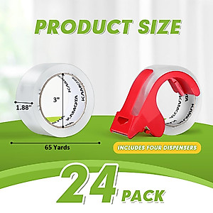 KAMOTA Packing Tape, 24 Rolls Heavy Duty Clear Packaging Tape for Shipping Packaging Moving Sealing, 1.88 inches Wide, 65 Yards Per Roll, Total 1560 Yards with 4 Dispensers