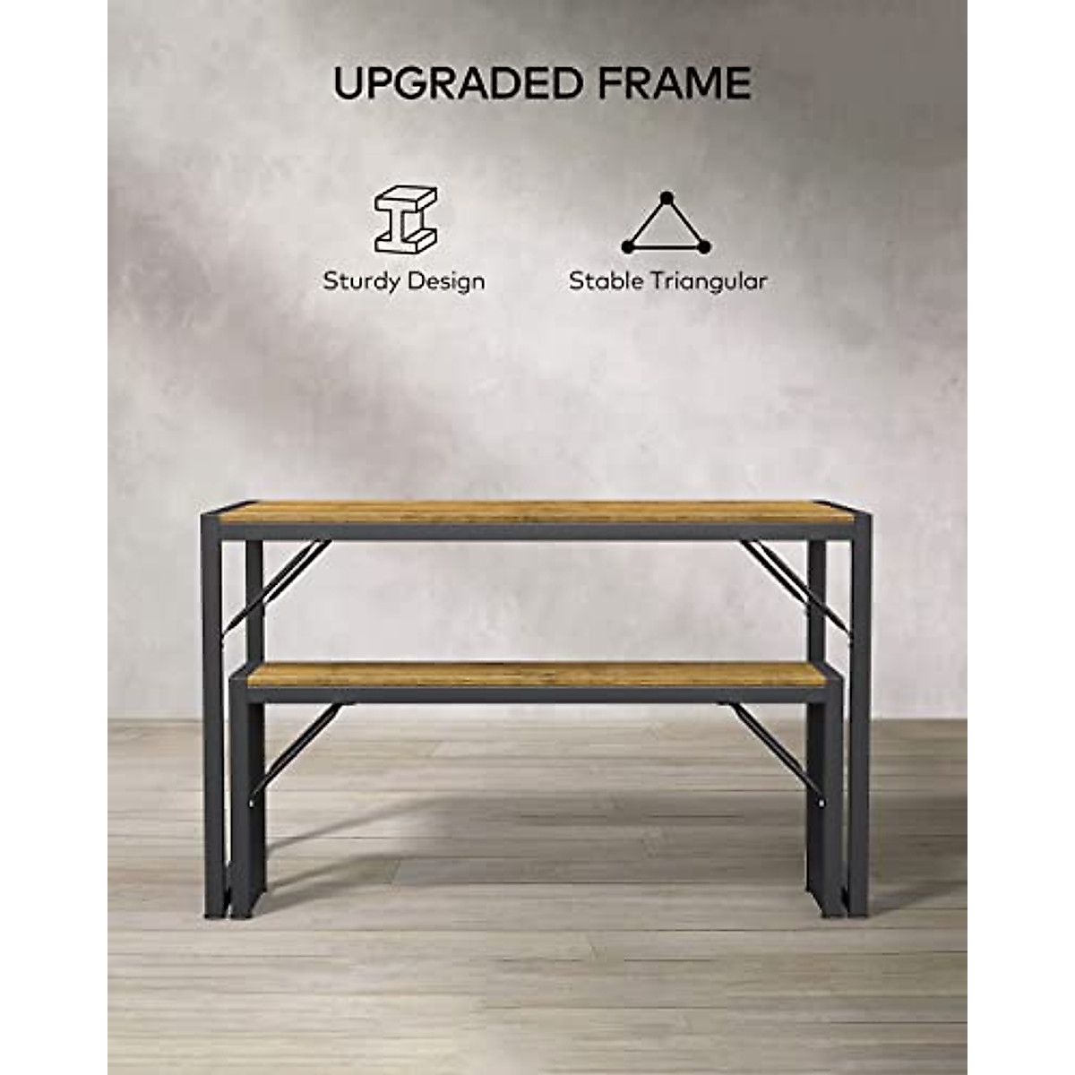 Dining Table Set for 4, 4 Seat Dining Room Table Set, 3 Piece Kitchen Table Set, Rectangular Table Set, Wood Modern Table and Bench Set, 45.5 x 30.4 x 30.4 inch, Metal Frame and MDF Board (Retro)