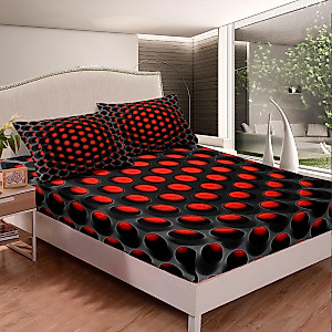 Erosebridal Geometric Full Sheet Set Neon Black and Red Bedding Set for Teen Boys Men,Abstract 3D Geometry Honeycomb Bed Sheets,Stereoscopic Dense Hole Fitted Sheet + Flat Sheet + 2 Pillow Cases