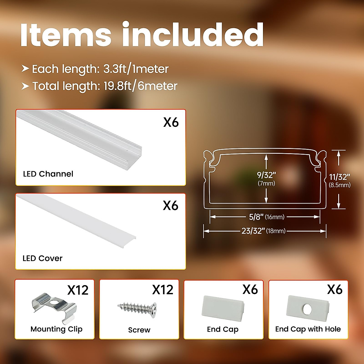 Muzata 6Pack 3.3FT/1M Wider LED Channel System with Milky White Cover Silver Aluminum LED Strip Channel for Waterproof LED Strips up to 16mm U102 WW