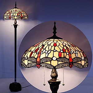 WERFACTORY Tiffany Floor Lamp Dragonfly Amber Stained Glass Standing Reading Light 16X16X64 Inches Antique Pole Corner Lamp Decor Bedroom Living Room Home Office S557 Series