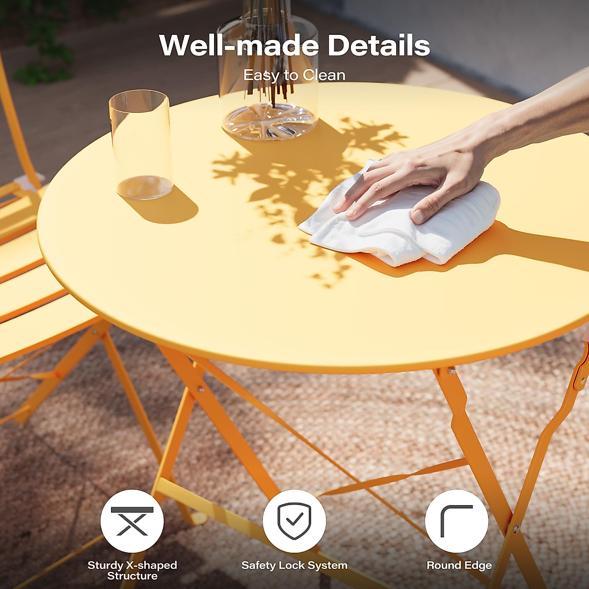 LAUSAINT HOME 3-Piece Steel Folding Bistro Set, Foldable Patio Furniture Set with Premium Frame, Outdoor Bistro Table and Chairs Set of 2 for Patio, Garden, Balcony and Poolside (Yellow)