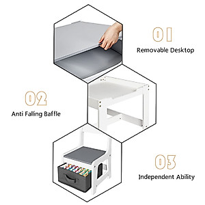 3 in 1 Kids Wood Table and 2 Chairs Set ,Multi Activity Table and Chair with Storage Children Play Desk for Building Blocks Reading Drawing Art Playroom (Gray)