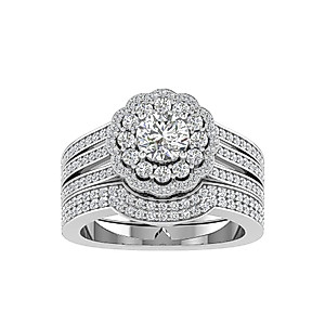 TwoBirch 18k White Gold Microplated Floral Design Duo Bridal Ring Set Engagement Ring and Wedding Band with Cubic Zirconia (SET (2 RINGS), Size 8)