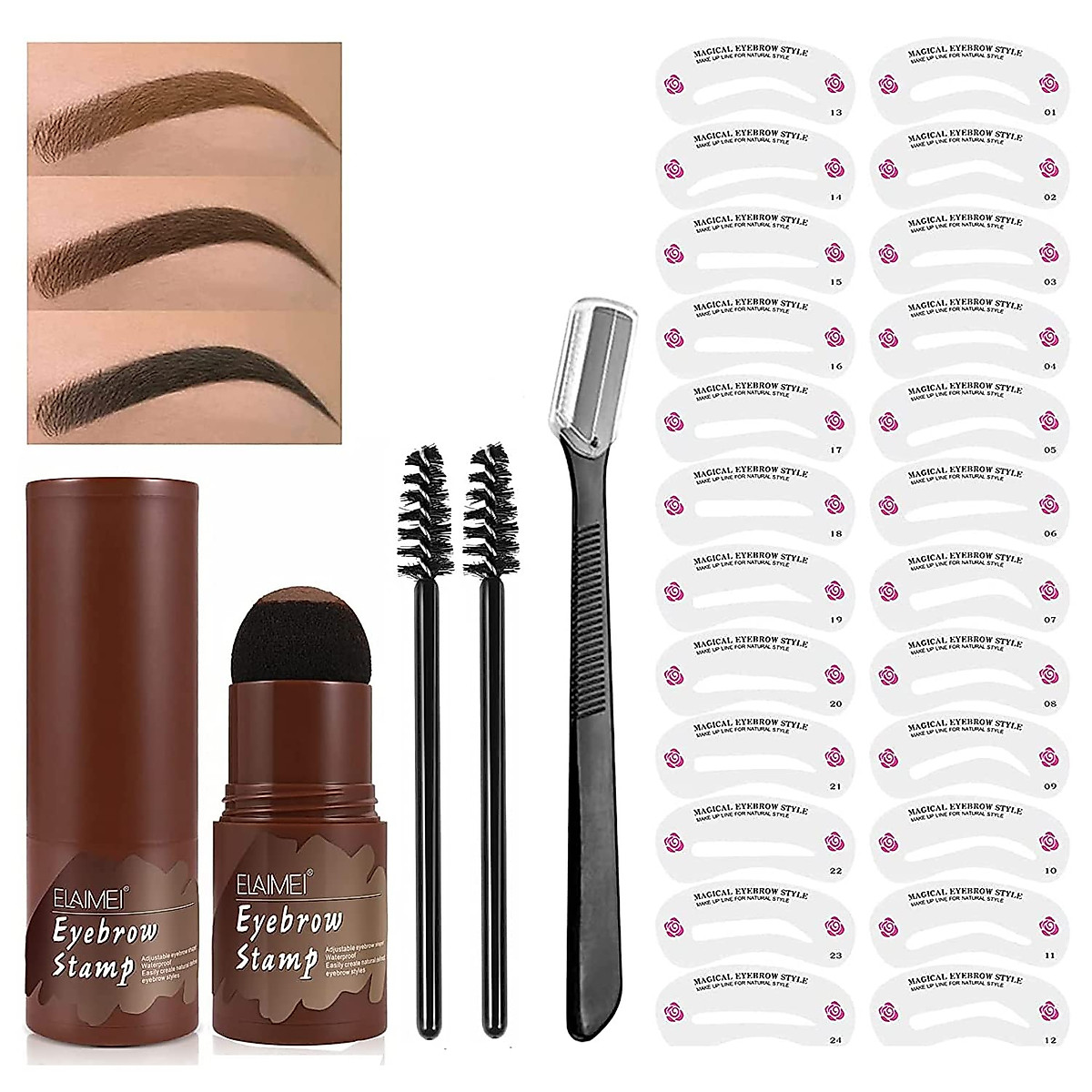 God Blomster Eyebrow Stamp Stencil Kit, Eyebrow Stamp Kit Waterproof, Eyebrow Stamp Makeup Tools with 24 Reusable Eyebrow Stencils, Eyebrow Pen Brush and Eyebrow Trimmer (Dark Brown)