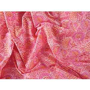 AVKA Studio Hand Block Print Fabric by The Yard - PRECUT 1 Yard 42 Inch Width - 100% Cotton Material - Pink Floral Pattern - Light Weight Indian Cloth for Making Summer Dress Tops Indian Fabric etc