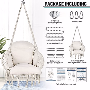 PUREKEA Hammock Chair, Macrame Hanging Swing Chair with Large Padded Cushion and Hardware Kits, Max 330 Lbs, Hanging Cotton Rope Chair for Indoor, Outdoor, Bedroom, Patio, Porch, Garden (Beige)