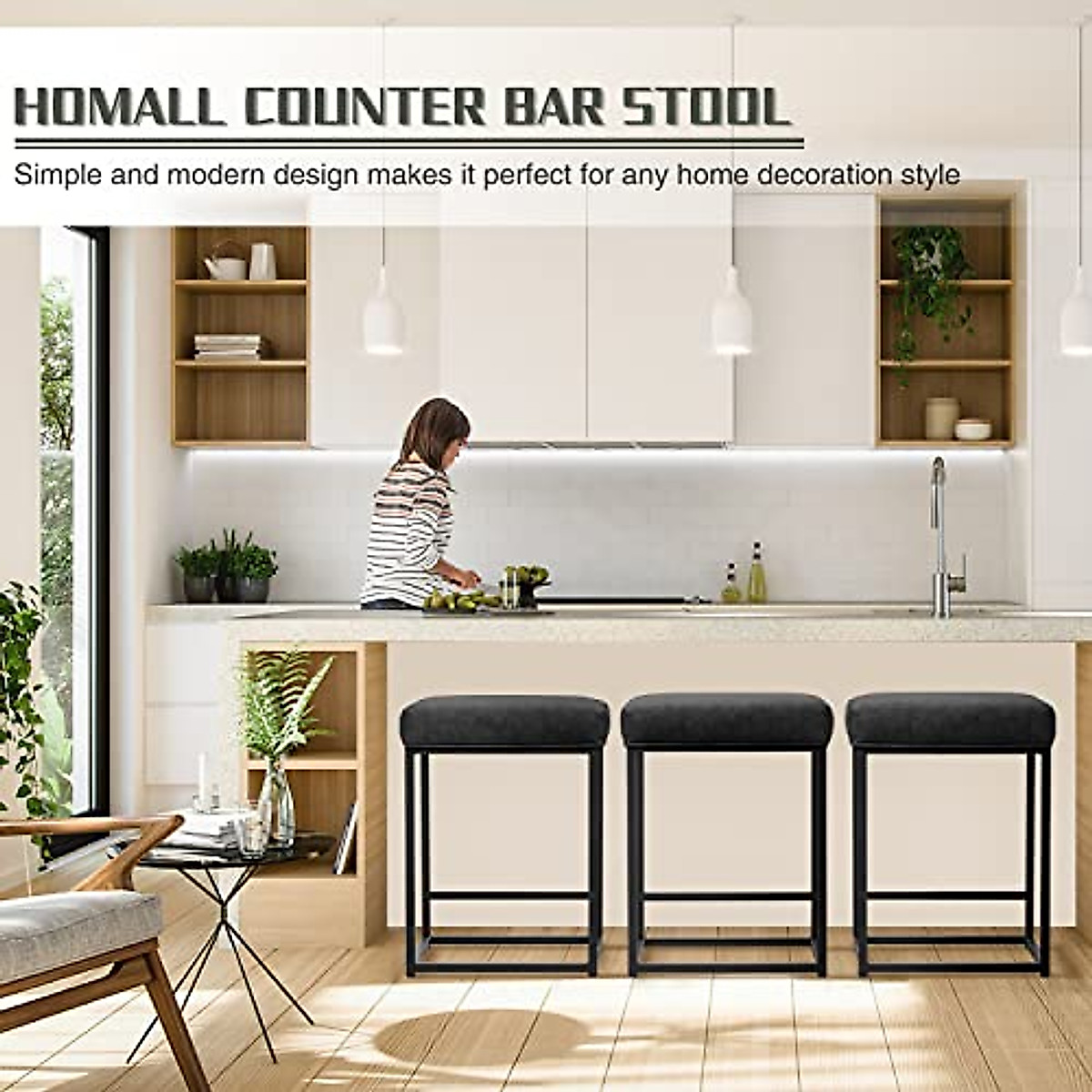 Homall Bar Stools, Counter Height 24" Barstools Set of 2 for Kitchen Island, Bar Chairs PU Leather Backless Modern Square Stool with Thick Cushion and Metal Steel Frame (Black)