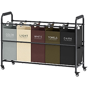 Tajsoon 5 Bag Laundry Sorter Cart, 5 Section Laundry Hamper Sorter with Heavy Duty Lockable Rolling Wheels for Dirty Clothes Storage, 5 Colors