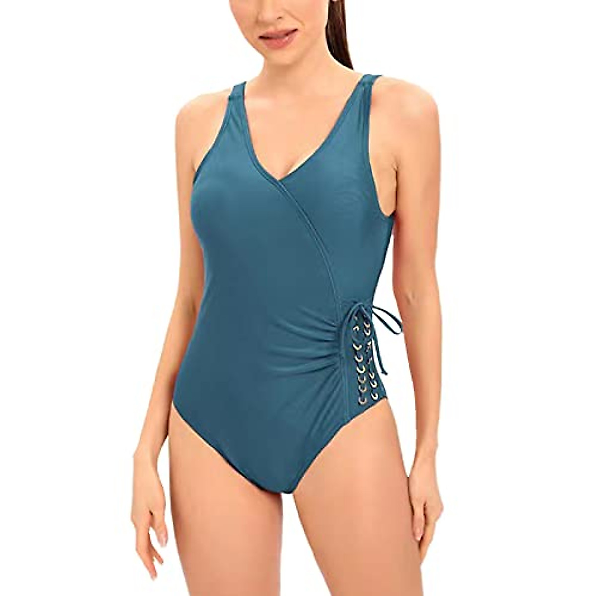 DUOWEI Bikini Woman Flower Swimsuit for Women Bathing Suit V Neck Backless Solid Metal Ring Decoration Swimwear Boxing Short