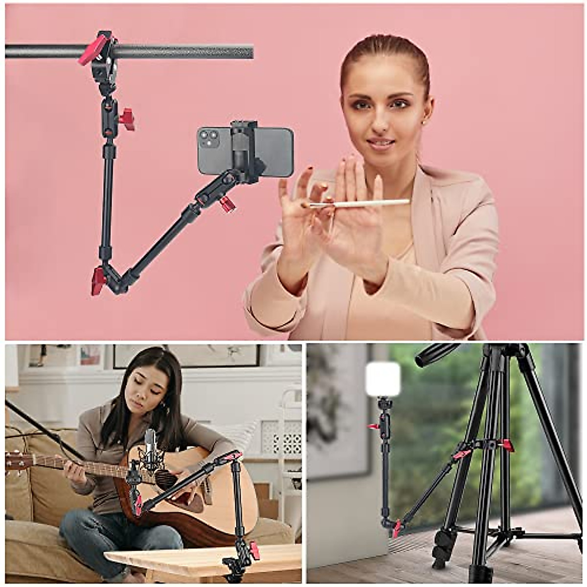 JINSUI 22inch Adjustable Articulating Magic Arm and Super Clamp with 1/4" and 3/8" Thread, Magic Arm Camera Mount with Phone Holder and 3/8" 5/8" Screw Adapters for Microphone, Webcam, LED Light