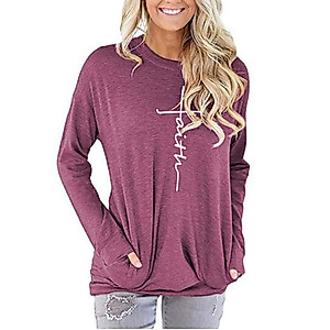 Mansy Women's Faith Sweatshirt Loose Fit Long Sleeve Crewneck Christian Letter Print Tunic Tops with Pocket