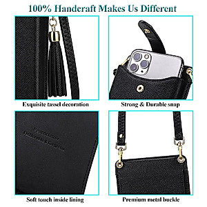 Peacocktion Small Crossbody Cell Phone Purse for Women, Lightweight Mini Shoulder Bag Wallet with Credit Card Slots with Tassel (Black)