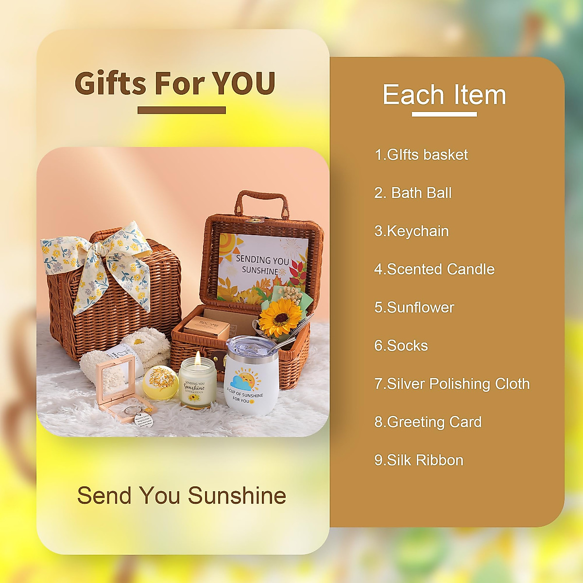 RYANDYPE Birthday Basket Gifts for Women, Sunflower Valentine's Day Gifts, Self Care Sunshine Gift Basket for Friend Sister