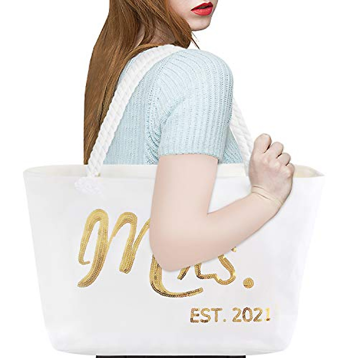 Wifey Bride Tote Bag for Wedding with Zipper Mrs. EST. 2021 Large Beach Shoulder Bride Bag for Engagement with Gold Sequin Shower Honeymoon Gift White