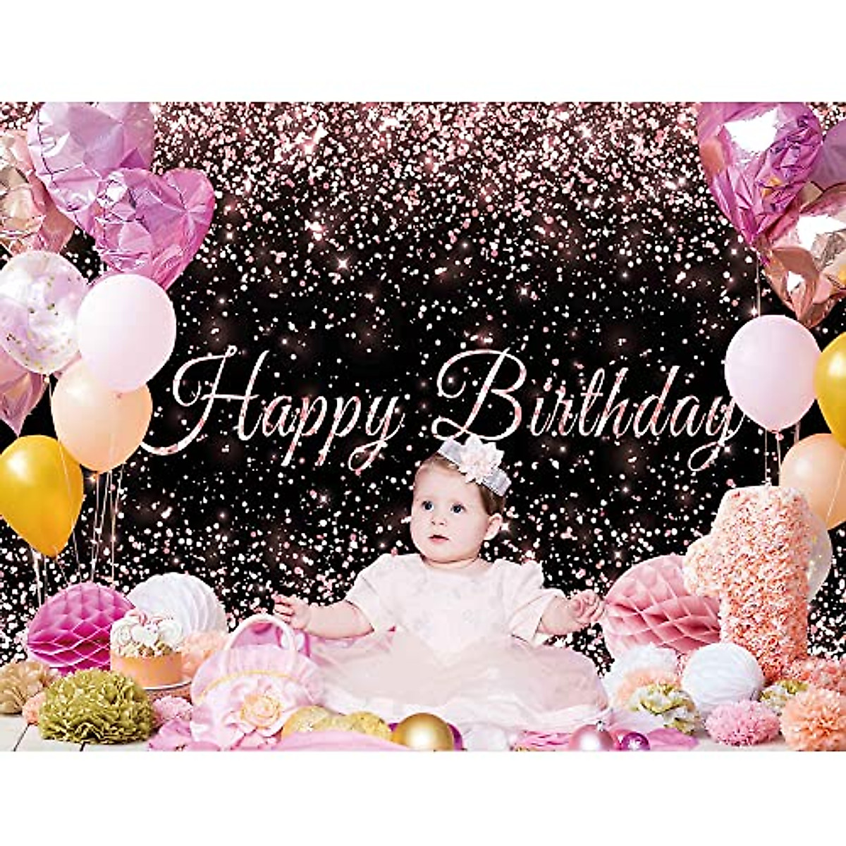 Haboke 7x5ft Durable Fabric Happy Birthday Backdrop Pink and Black Shiny Gold dot Glamour Sparkle Sweet Photography Background for Kids Adults Birthday Party Decorations Supplies Photo Studio Props …