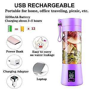 Portable Blender, Personal Sizes Juice Blenders Shake, Mini Smoothie Jucier Blender Cups for Shakes and Smoothies, Electric USB Rechargeable Juicer Machine, Portable Smoothie Maker Blender Jet with 6 Blades(Purple)