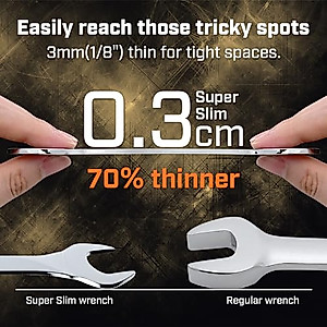 ironcube Super Thin Wrench Set, 8-Piece, SAE, 1/4 to 1-1/16, Double Open End, Slim Wrench Set With Rolling Pouch For Auto Repairs in Tight Spaces.