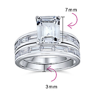 Bling Jewelry Personalize Traditional Art Deco Style 2CT Emerald Cut Baguette Wedding Band AAA CZ Anniversary Engagement Ring Set For Women .925 Sterling Silver Customizable