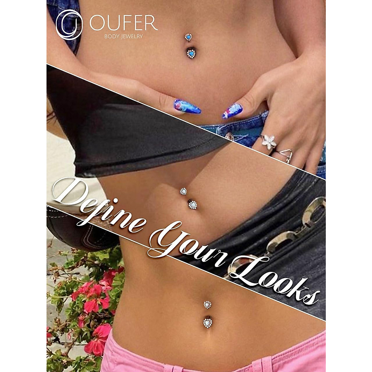 OUFER 14G Belly Button Rings, 316L Surgical Steel Belly Rings, Double Heart Cubic Zircon Filigree Opal Navel Rings Belly Piercing Jewelry For Women And Men-Blue