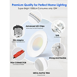 Energetic 5/6 Inch LED Recessed Lighting, 1000LM, 5000K Daylight Downlight, 12W=150W, Dimmable LED Can Light, Simple Retrofit Installation, IC & Wet Rated, FCC & ETL Listed, 12 Pack