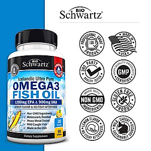 Omega 3 Fish Oil Supplement - 1200mg EPA and 900mg DHA Fatty Acid Per Serving - Supports Joint, Eyes, Brain & Skin Health - Burpless Lemon Flavor, Gluten-Free, 90 Softgels (Packaging May Vary)