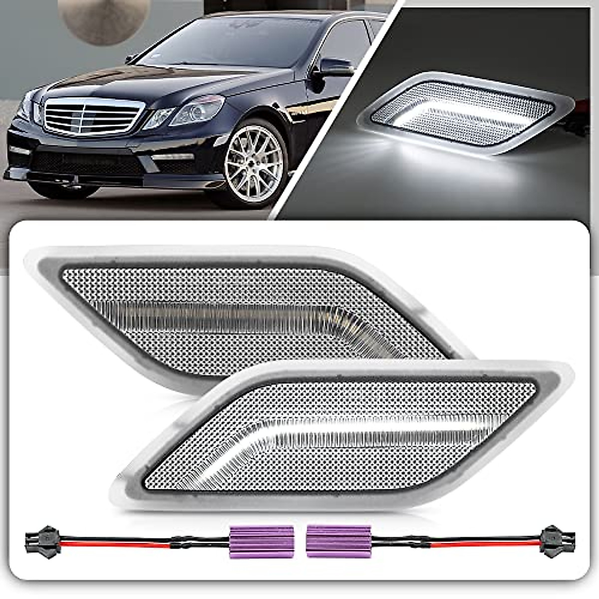 nsautolighting LED White Side Marker Lights Side Indicator Lamps for 2010-2013 Be'nz W212 E-Class 4D Sedan Wagons Clear Lens White LED Front Bumper Side Marker Light Replace OEM Sidemarker Lamps