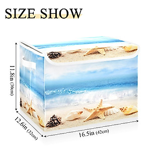 DIGTIA Storage Bins with Lids Beach Theme Seashell Foldable Storage Boxes with Handles Starfish Ocean Wave Large Storage Basket Collapsible Organizer Containers for Closet Home Bedroom Office