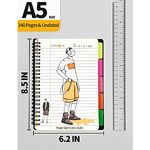 SUNEE 5 Subject Notebook College Ruled - 240 Pages, 6.2"x8.5", 5 Pocket Colored Dividers, 3-Hole Punched Paper, Black