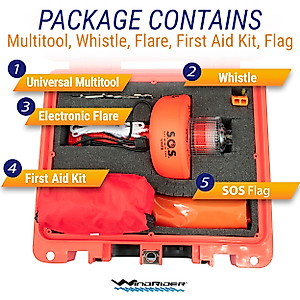 USCG Boating Safety Kit - Electronic Flare - First Aid Kit - Whistle - Multi tool - Waterproof Case (Plastic)