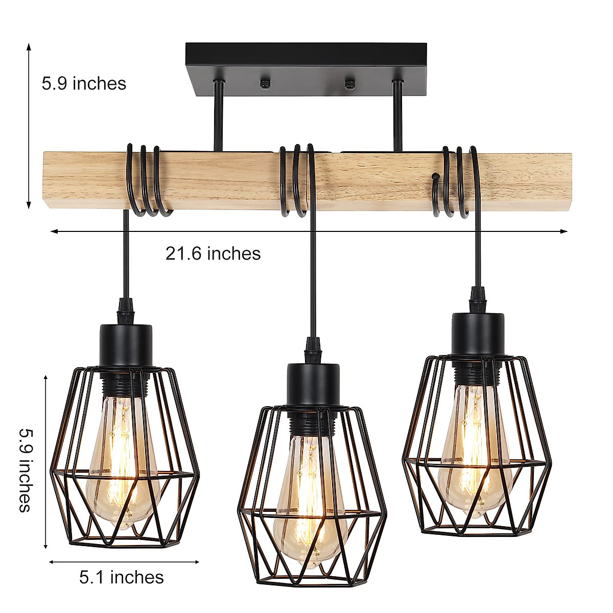 3-Light Semi Flush Mount Ceiling Light Fixture, Rustic Farmhouse Lighting with Black Metal Lampshade and Solid Wood, Chandelier Ceiling Lamp for Kitchen Bedroom Living Room Bathroom Hallway Entryway